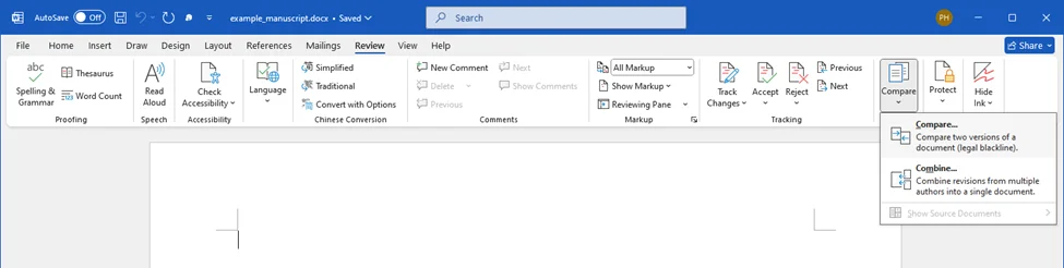 Microsoft Word's Review tab showing the Compare feature